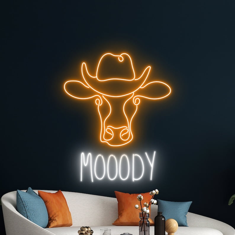 Handmadetneonsign Cowboy Cow Mooody Neon Sign, Cow Cowboy Art Decor ...