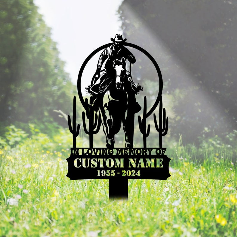 Handmadetneonsign Cowboy Desert Memorial Metal With Stake, Cowboy Metal ...