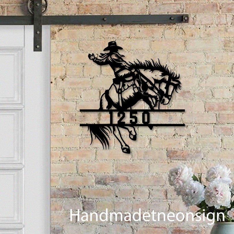 Handmadetneonsign Cowboy House Number Metal, Riding Horse Home Number ...