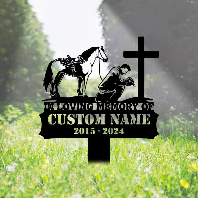 Handmadetneonsign Cowboy Kneeling Memorial Metal With Stake, Cowboy ...