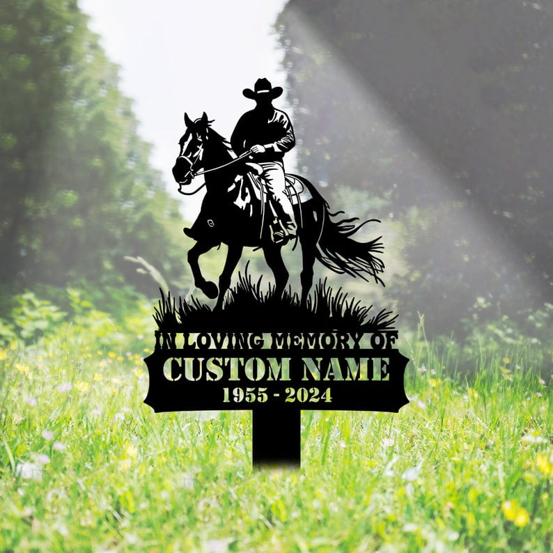 Handmadetneonsign Cowboy Memorial Metal With Stake, Horse Rider Metal ...