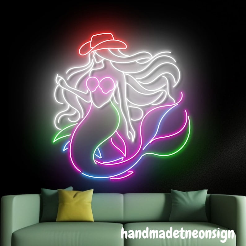 Handmadetneonsign Cowboy Mermaid Neon Wall Sign, Mermaid Wall Art Decor ...