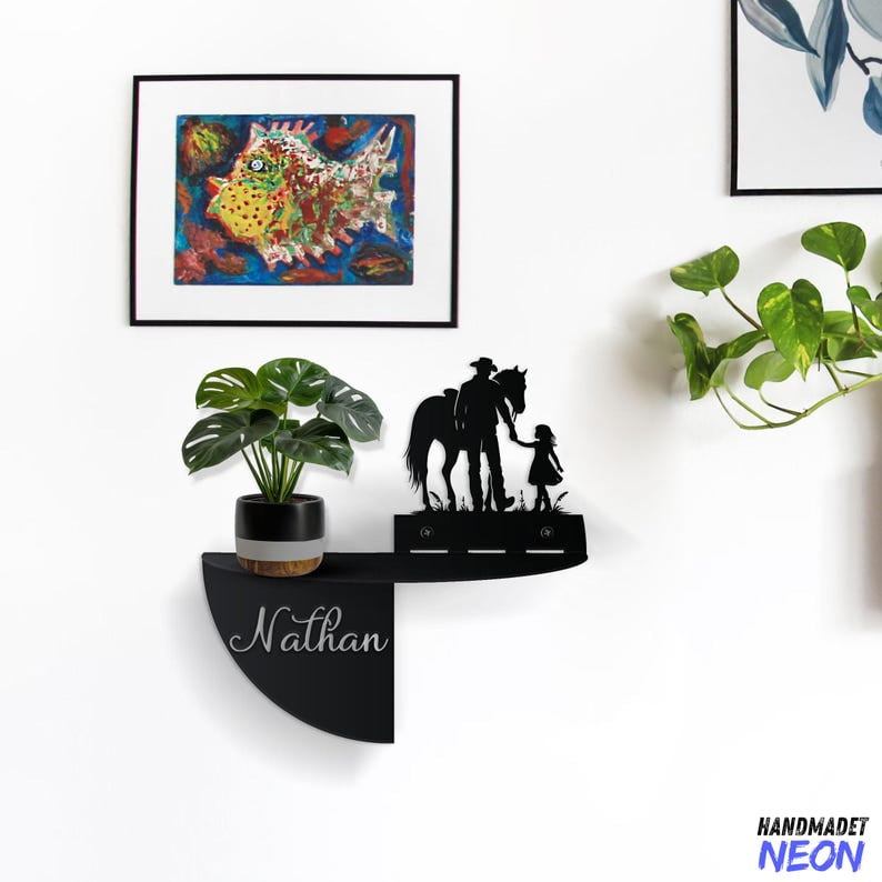 Handmadetneonsign Cowboy Metal Wall Shelf, Cowboy With Little Girl ...