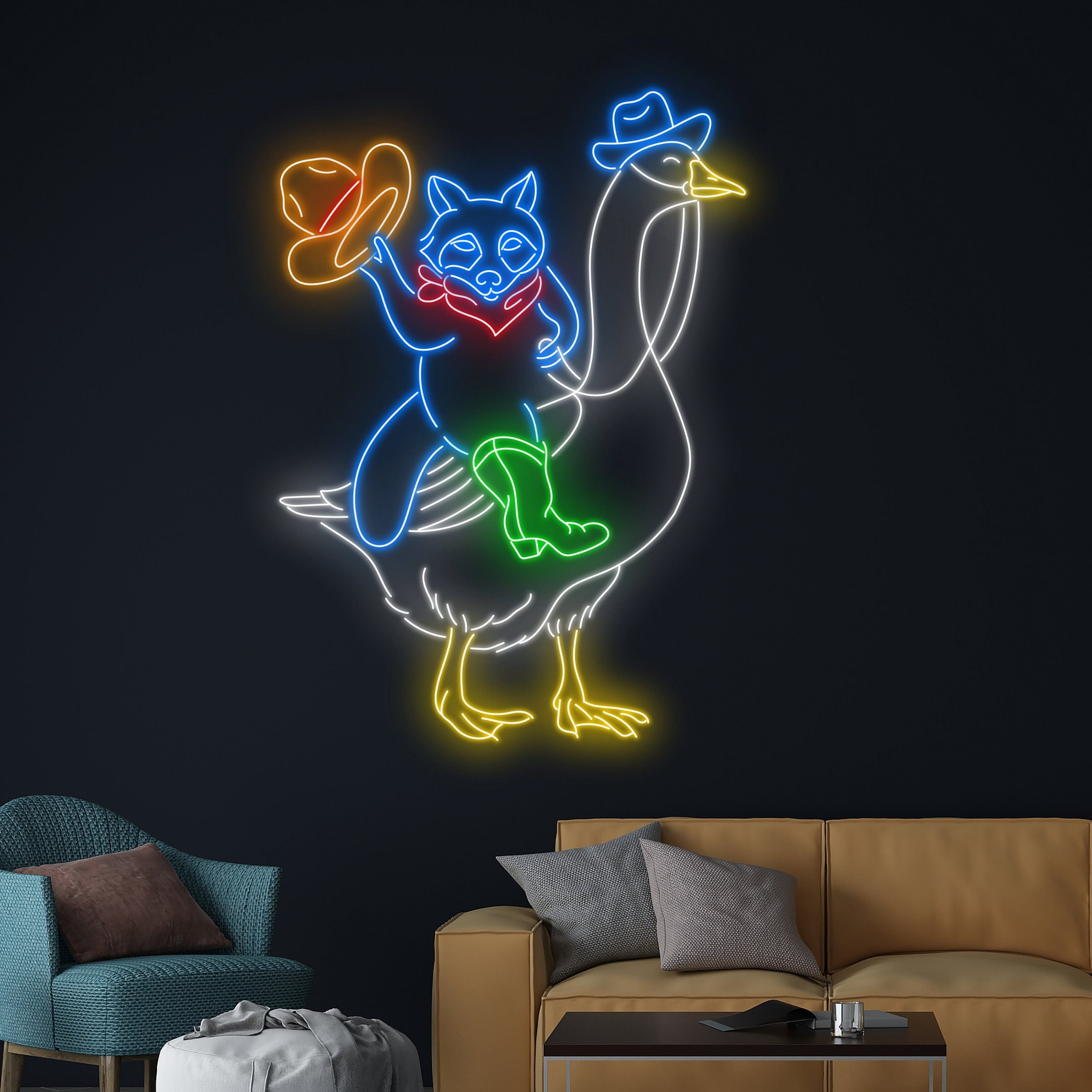 Handmadetneonsign Cowboy Raccoon Riding Duck Neon Sign, Duck Raccoon ...