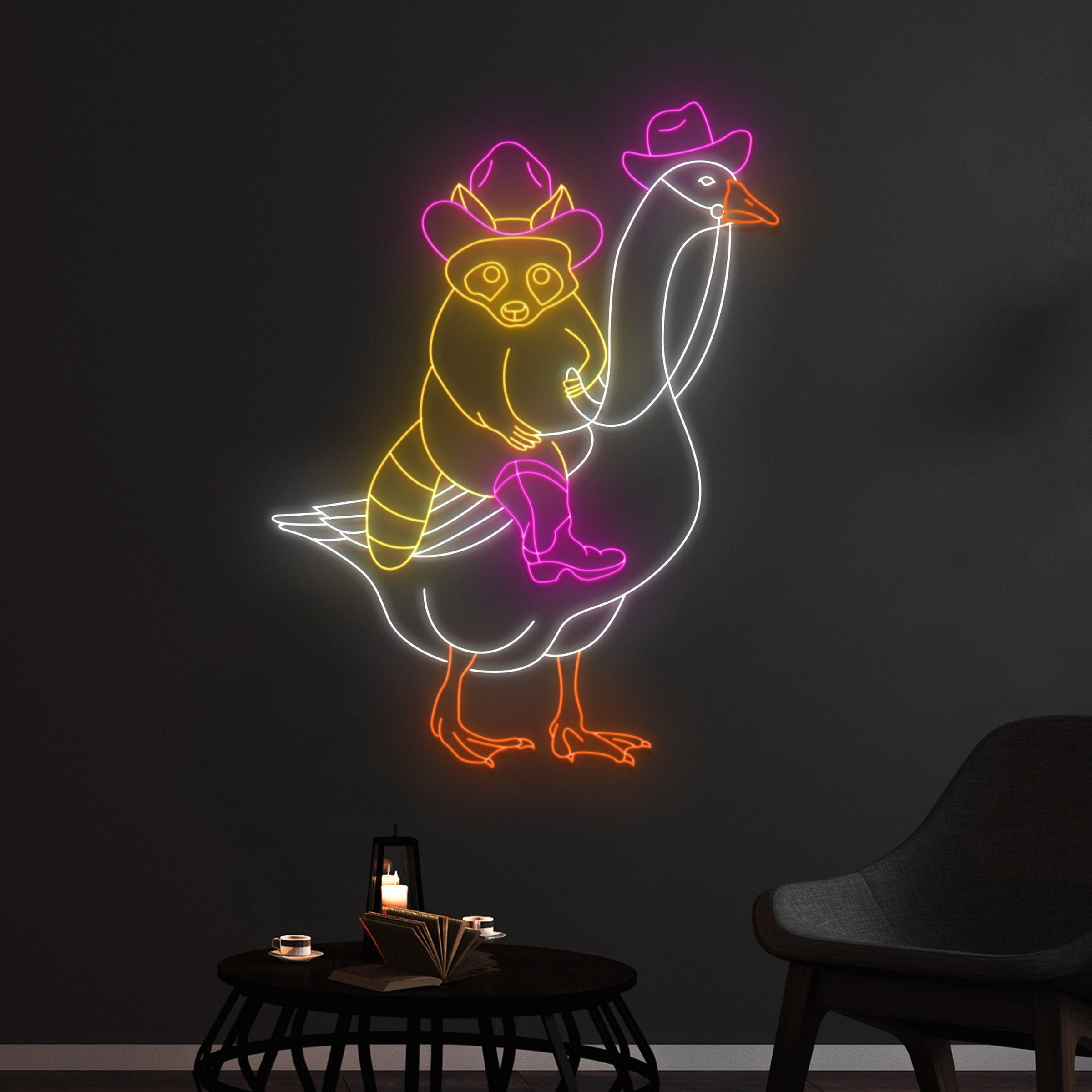Handmadetneonsign Cowboy Raccoon Riding Duck Neon Sign, Duck Raccoon ...