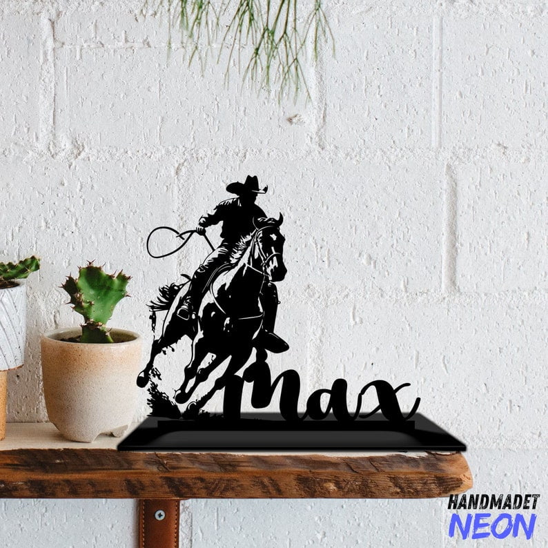 Handmadetneonsign Cowboy Riding Horse Table Decor, Cowboy Metal Shelf ...