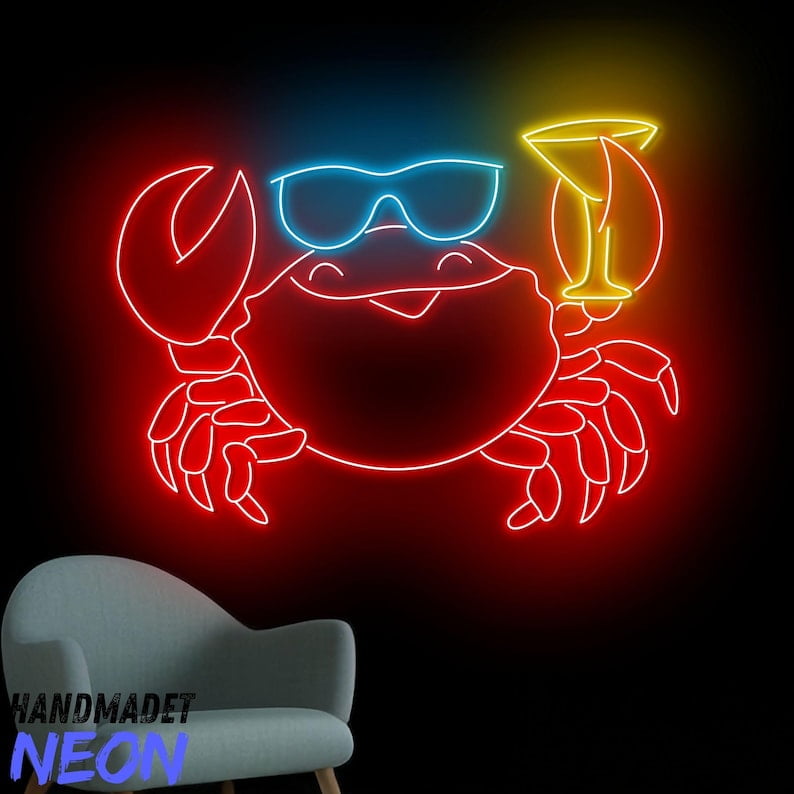 Handmadetneonsign Crab Drinking Cocktail Neon Sign, Crab Led Light, Bar ...