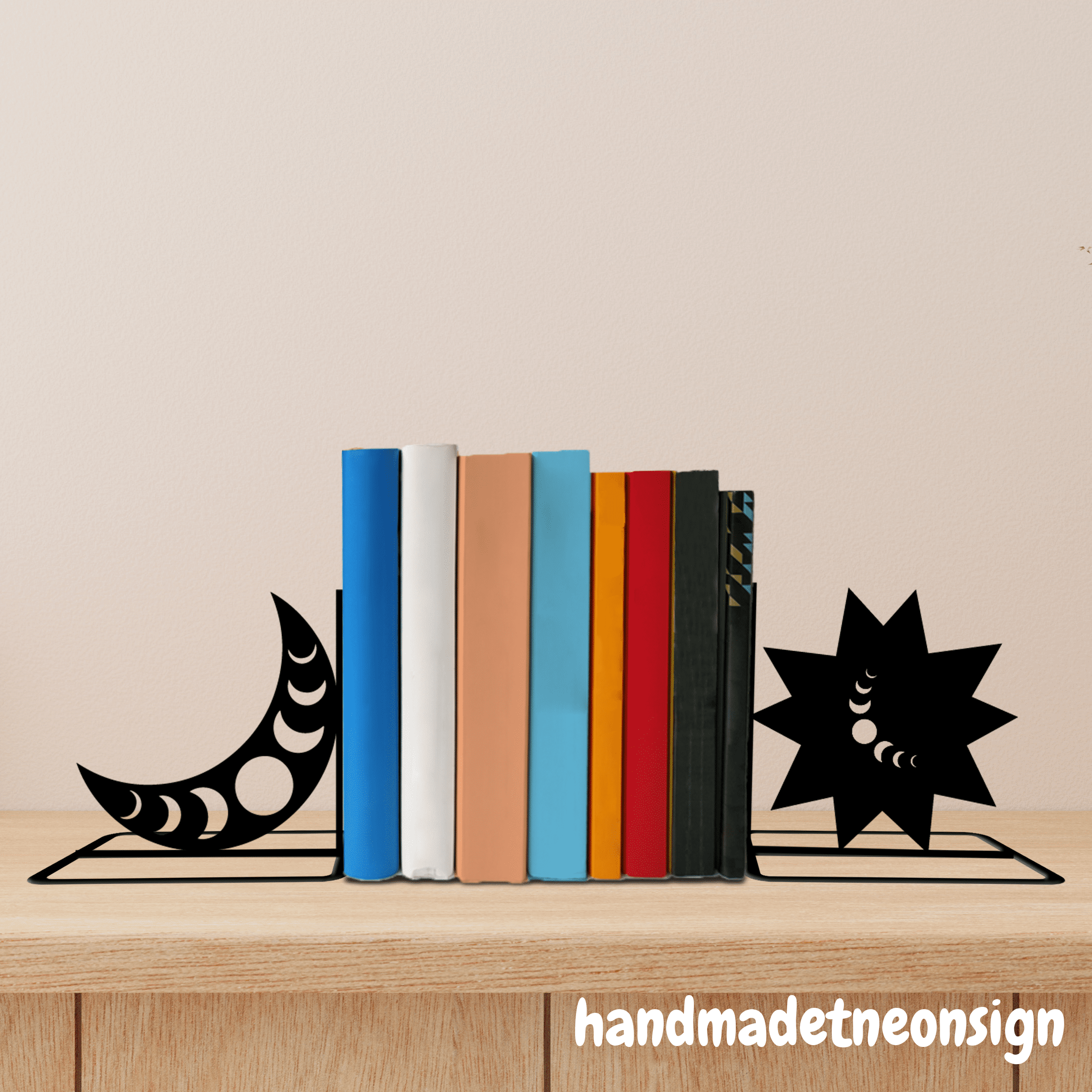 Handmadetneonsign Crescent Moon Metal Bookends Moon Name Bookend ...