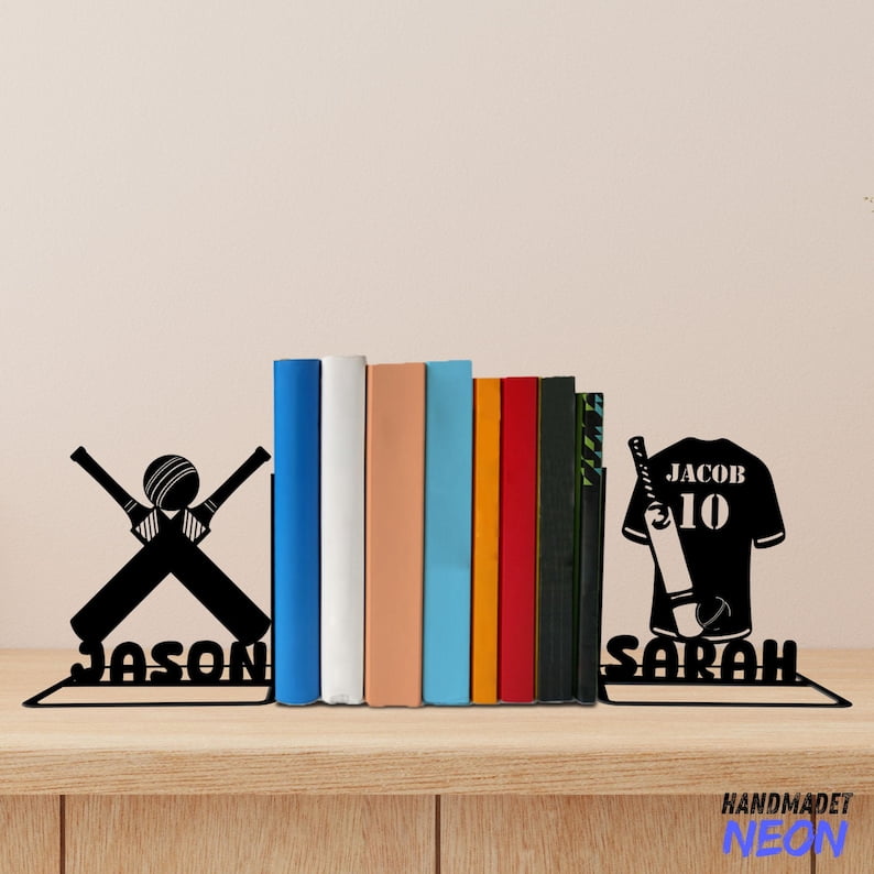 Handmadetneonsign Cricket Metal Bookends, Cricket Player Name Bookend ...