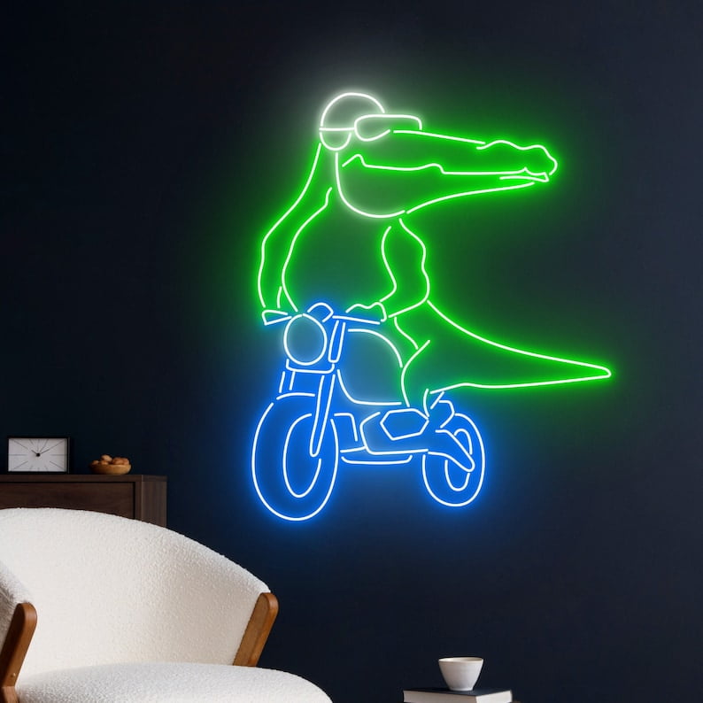 Handmadetneonsign Crocodile Motorbike Neon Sign, Crocodile Biker Led ...