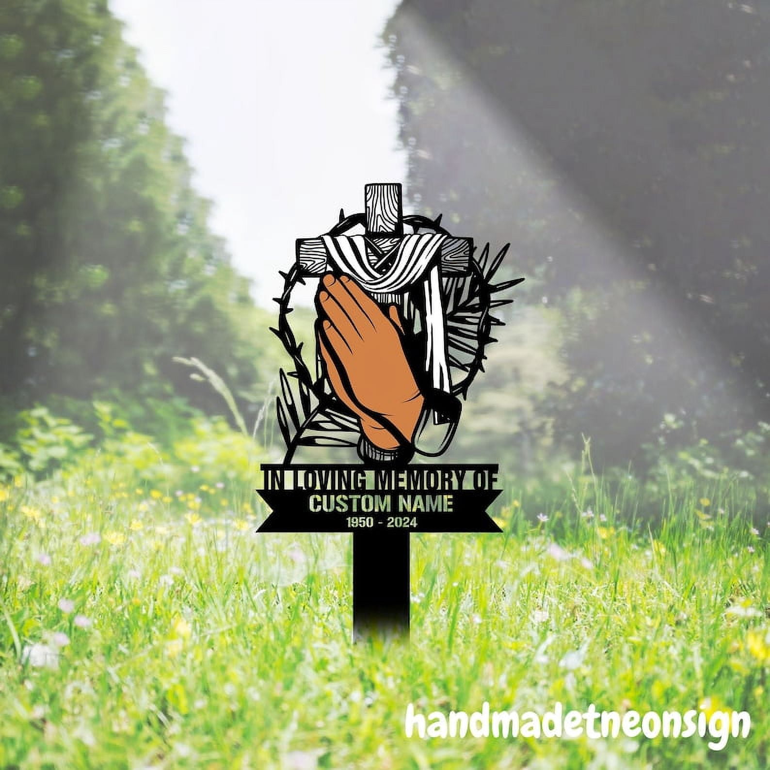 Handmadetneonsign Cross With Praying Hand Memorial Stake, Garden Metal ...