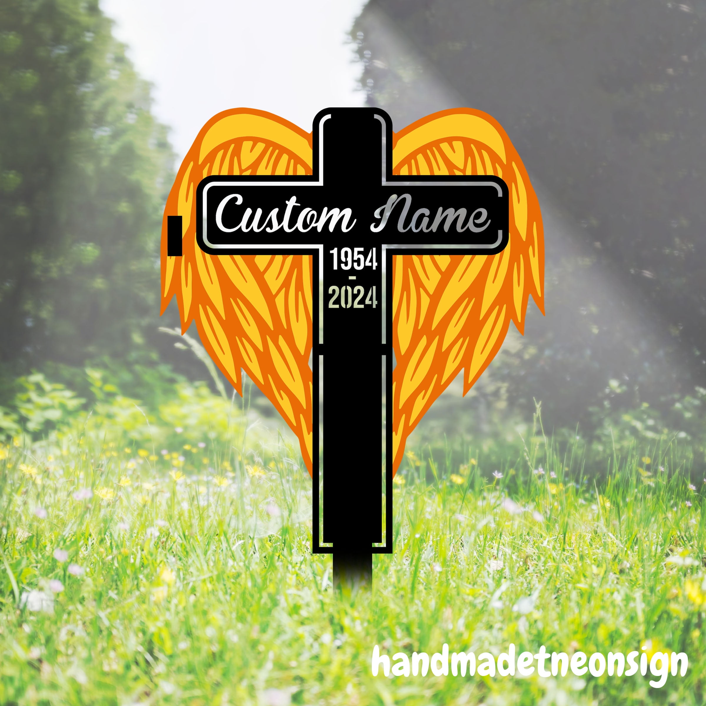 Handmadetneonsign Cross With Wings Memorial Metal With Stake, Grave ...