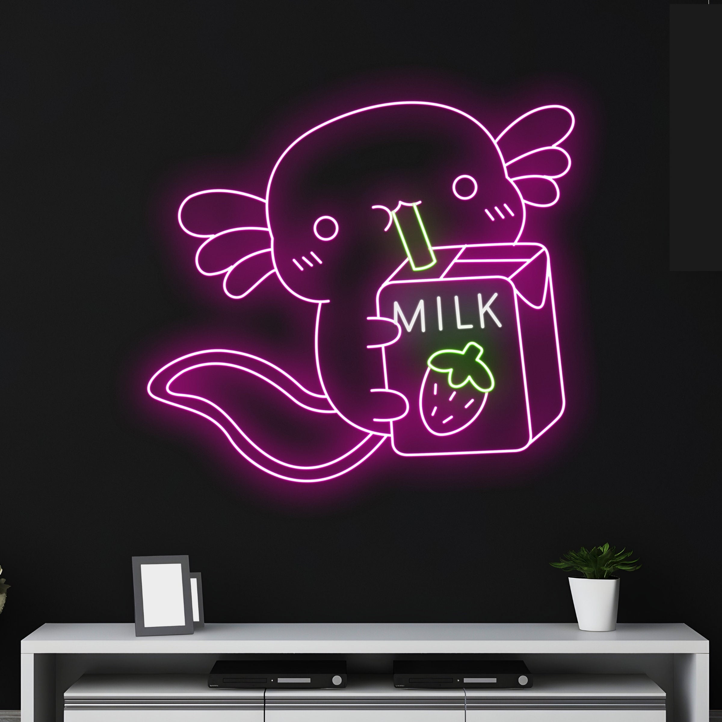 Handmadetneonsign Custom Axolotl Drinks Strawberry Milk Neon Sign ...