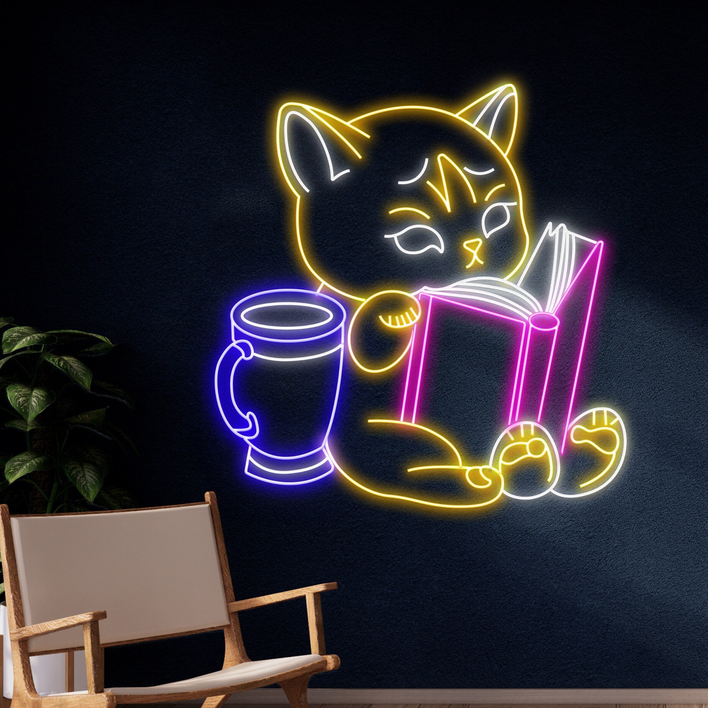 Handmadetneonsign Custom Cat Reading Book Neon Sign, Cat Book LED Light ...