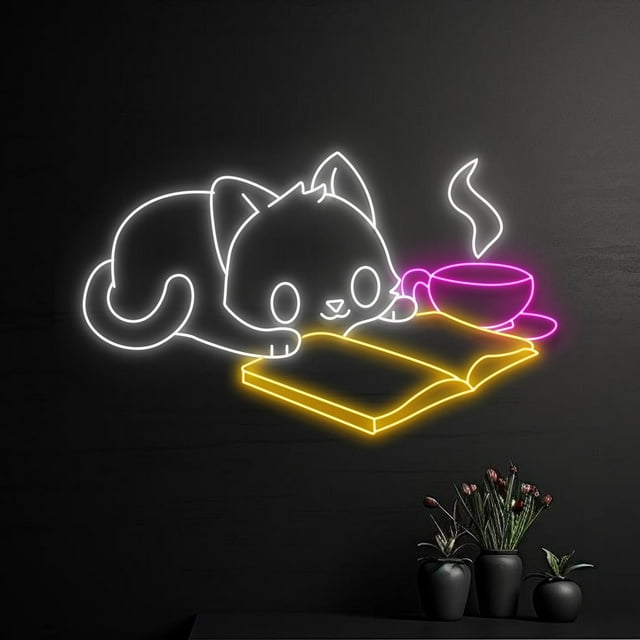 Handmadetneonsign Custom Cat Reading Book Neon Sign, Cat Book LED Light ...