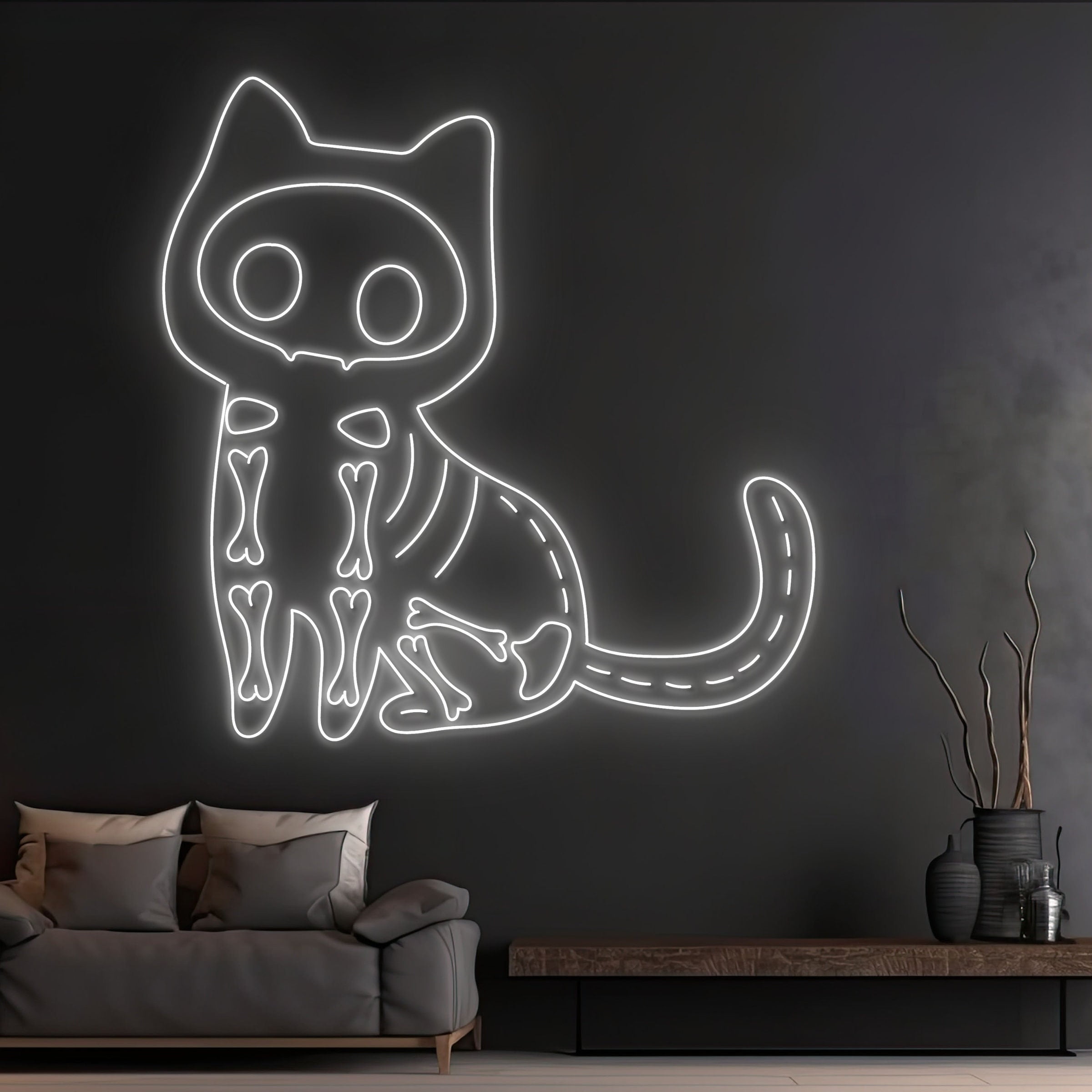 Handmadetneonsign Custom Cat Skeleton Neon Sign, Spooky Skeletal Cat ...