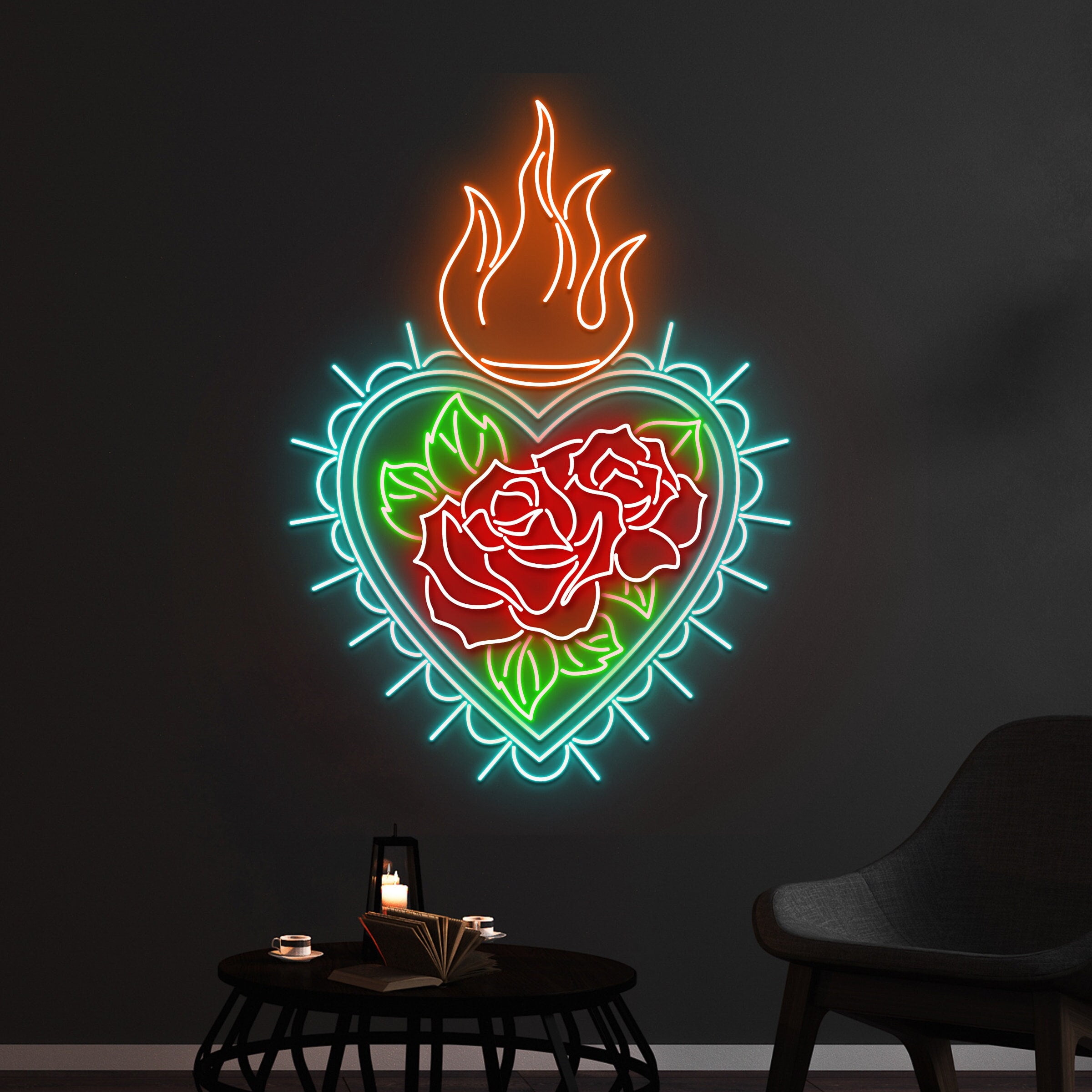 Handmadetneonsign Custom Flaming Heart Rose Flower Neon Sign, Fire Rose ...