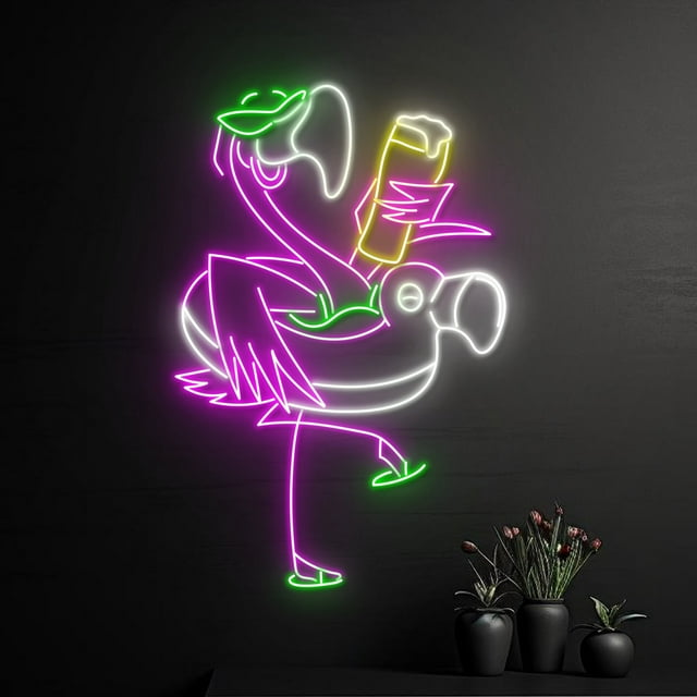 Handmadetneonsign Custom Flamingo Drinking Beer Led Sign, Flamingo ...