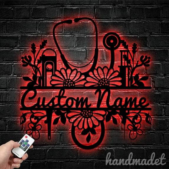 Handmadetneonsign Custom Floral Stethoscope Nursing Metal Wall LED ...