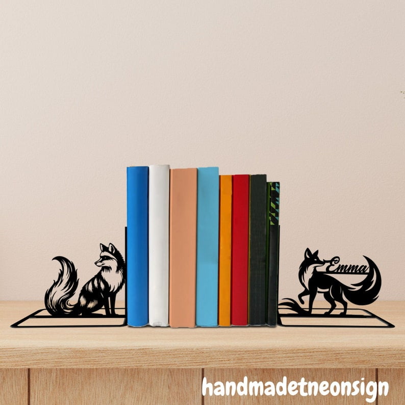 Handmadetneonsign Custom Fox Metal Bookends, Bookworm Name Bookend ...