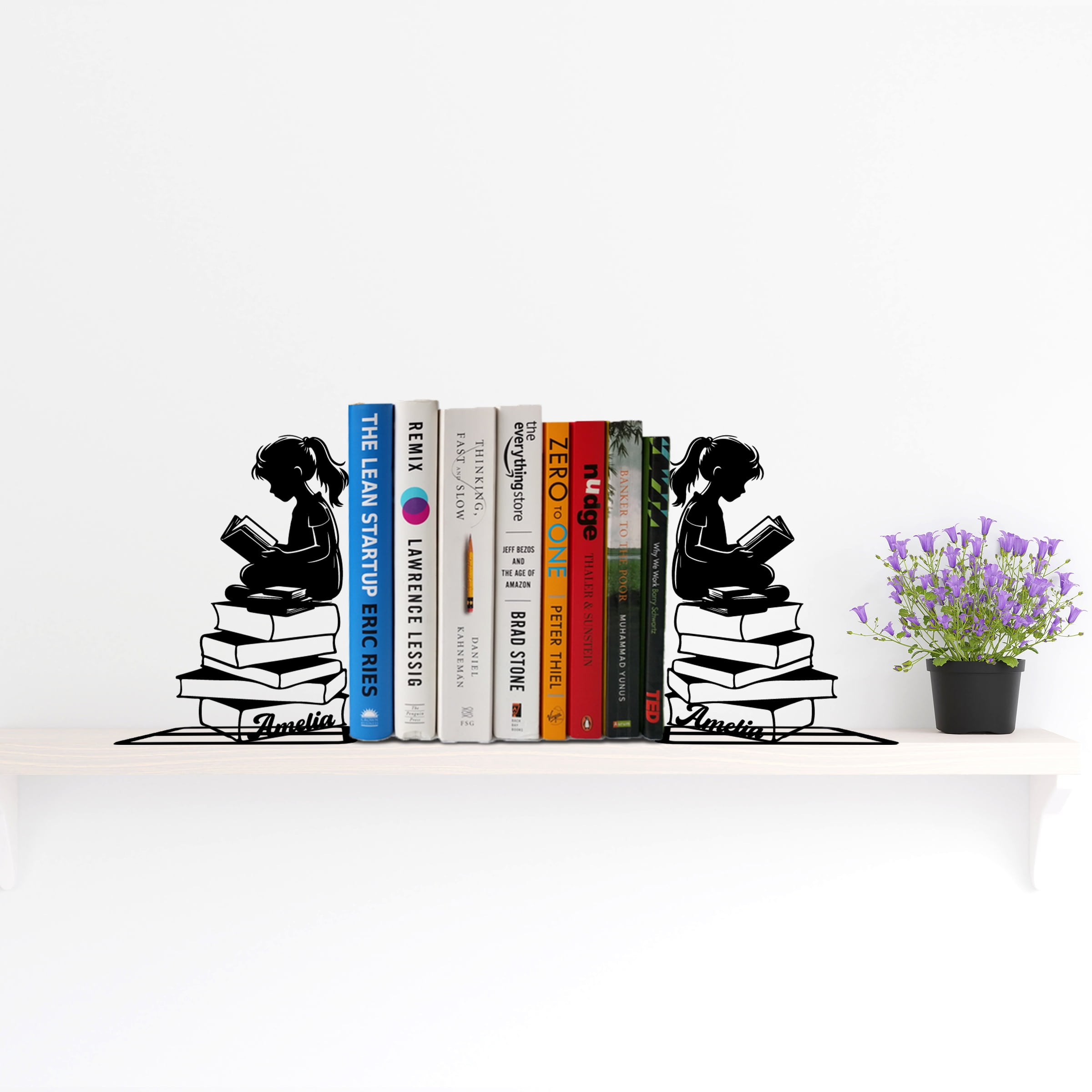 Handmadetneonsign Custom Girl Metal Bookends, Bookworm Name Bookend, Bookshelf Decor, Book Stand ...
