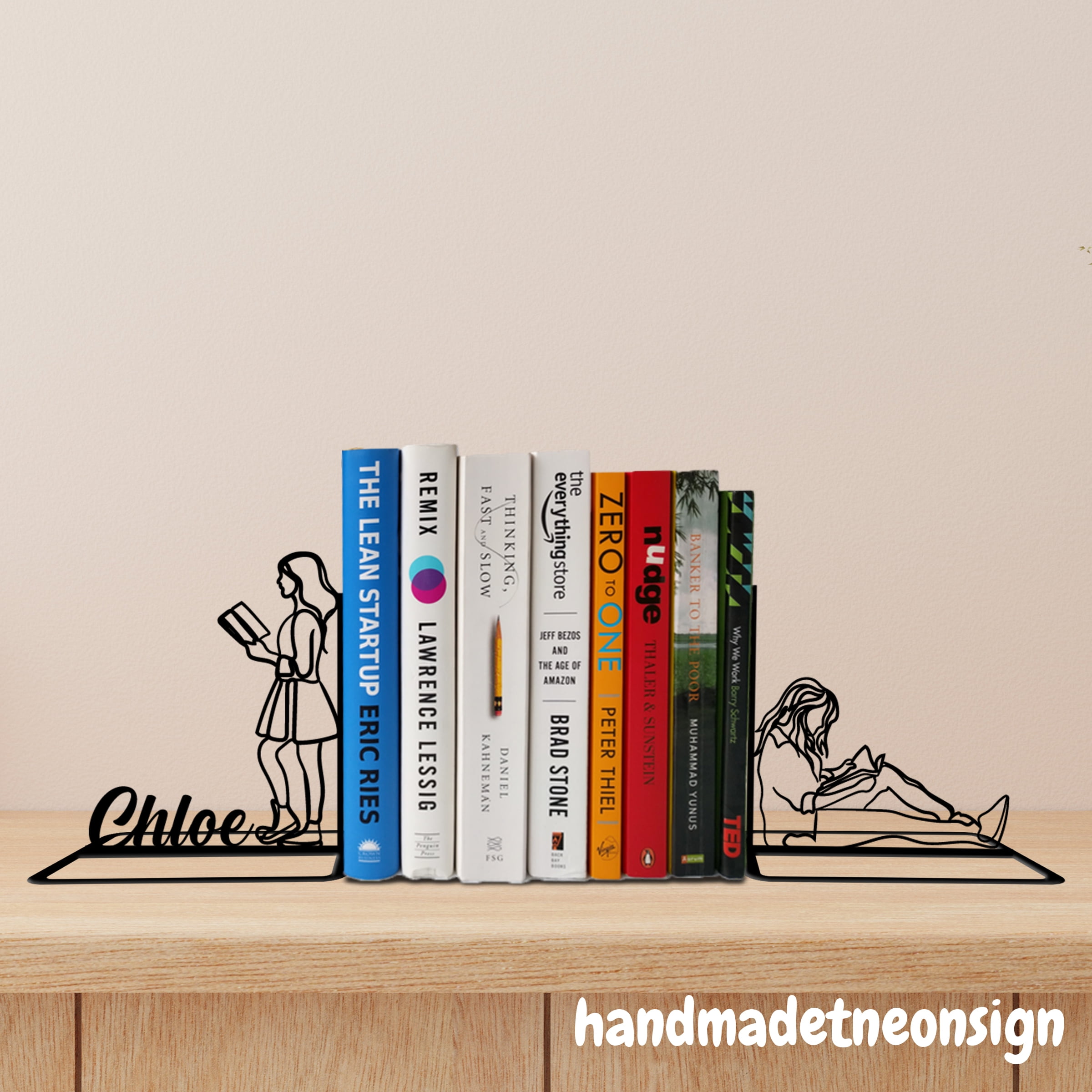 Handmadetneonsign Custom Girl Metal Bookends, Girl Reding Book Bookend ...