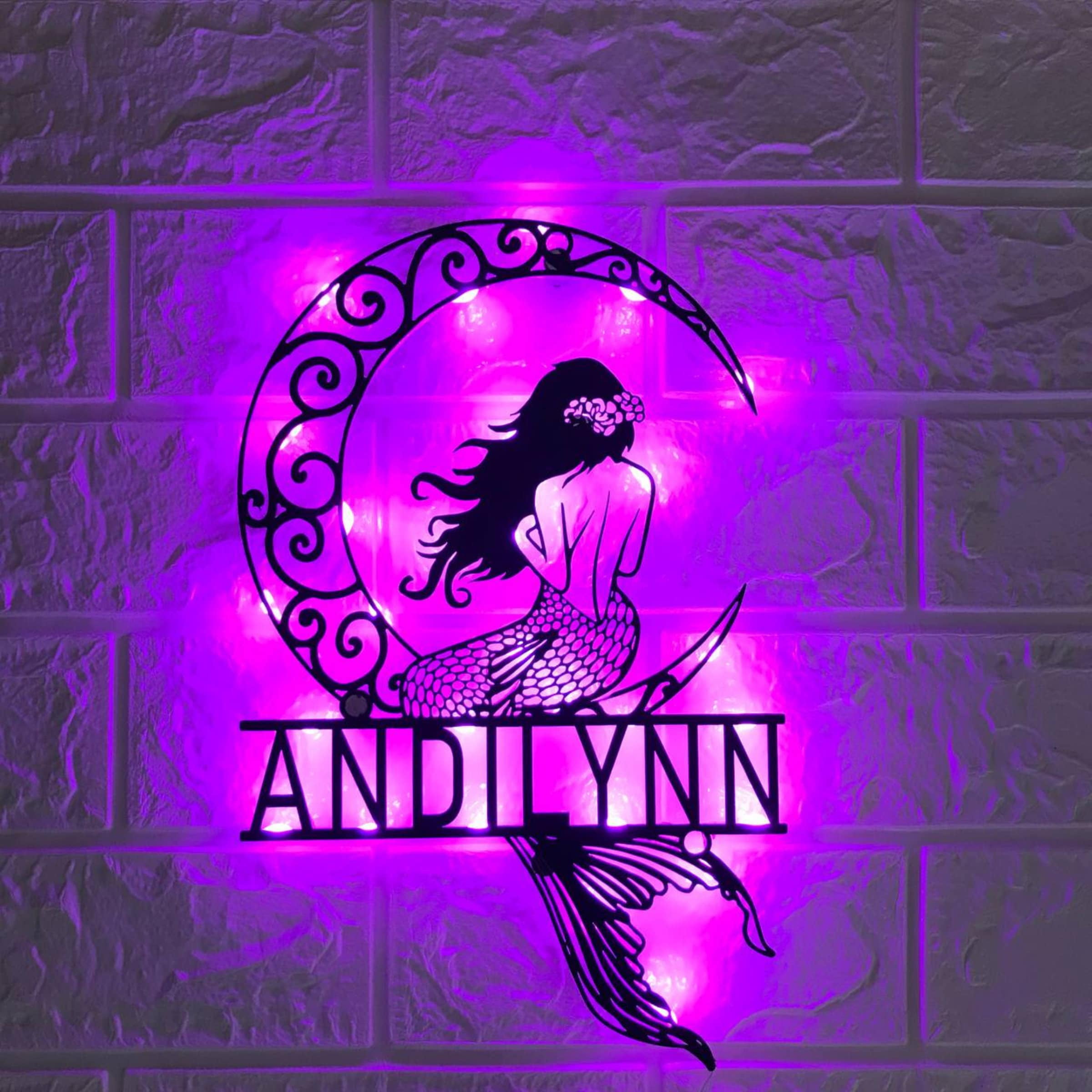 Handmadetneonsign Custom Mermaid On The Moon Metal Wall Art LED Light ...