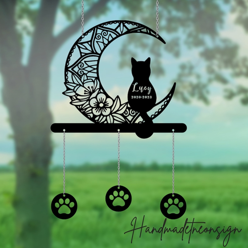 Handmadetneonsign Custom Metal Black Moon Cat Wind Chime, Personalized ...
