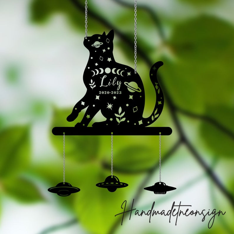Handmadetneonsign Custom Metal Galaxy Cat Wind Chime, Metal Cat Garden ...