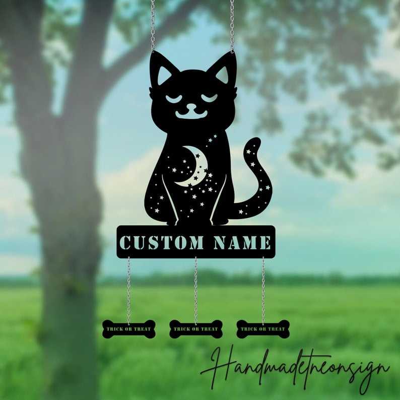 Handmadetneonsign Custom Metal Halloween Black Moon Cat Wind Chime ...