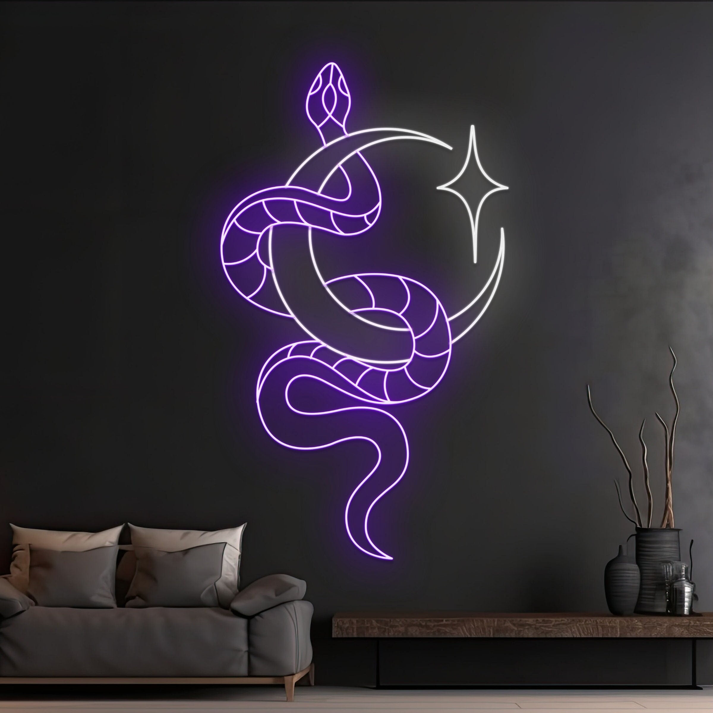 Handmadetneonsign Custom Moon Snake Neon Sign, Snake Moon Led Sign ...