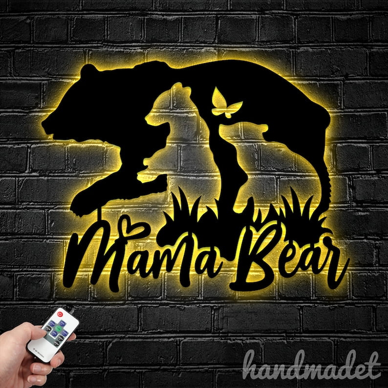 Handmadetneonsign Custom Name Mama Bear Metal Sign Wall Art LED Light ...