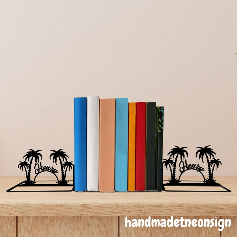 Handmadetneonsign Custom Palm Tree Metal Bookends, Bookworn Name ...