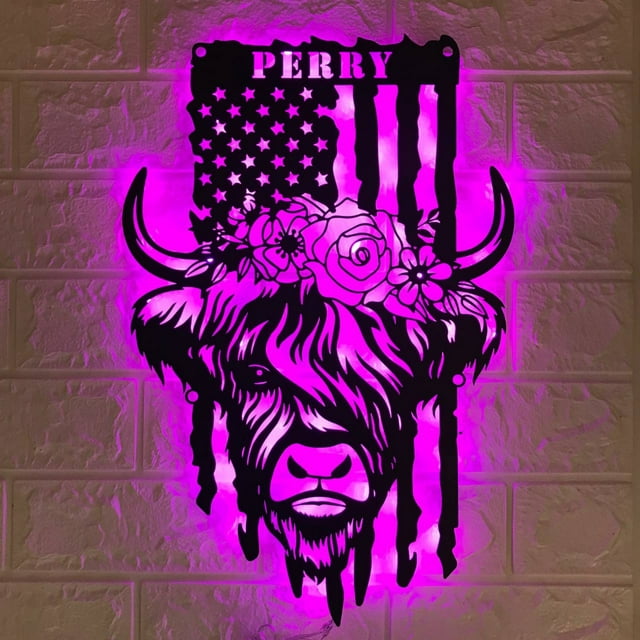 Handmadetneonsign Custom US Flag Flower Highland Cow Farmhouse Metal ...