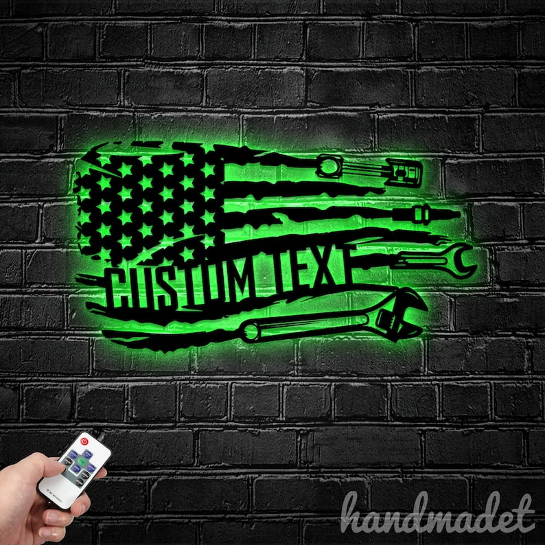 Handmadetneonsign Custom USA Flag Mechanic Tools Metal Wall Art LED ...