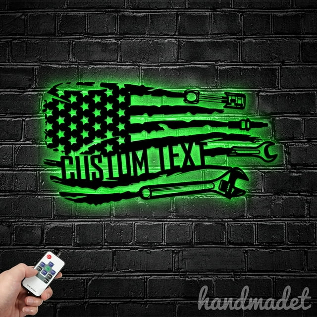 Handmadetneonsign Custom USA Flag Mechanic Tools Metal Wall Art LED ...