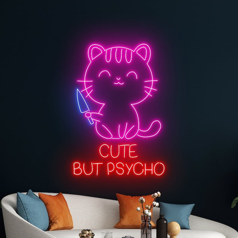 Handmadetneonsign Cute But Psycho Neon Sign, Funny Cat Wall Decor, Cute ...
