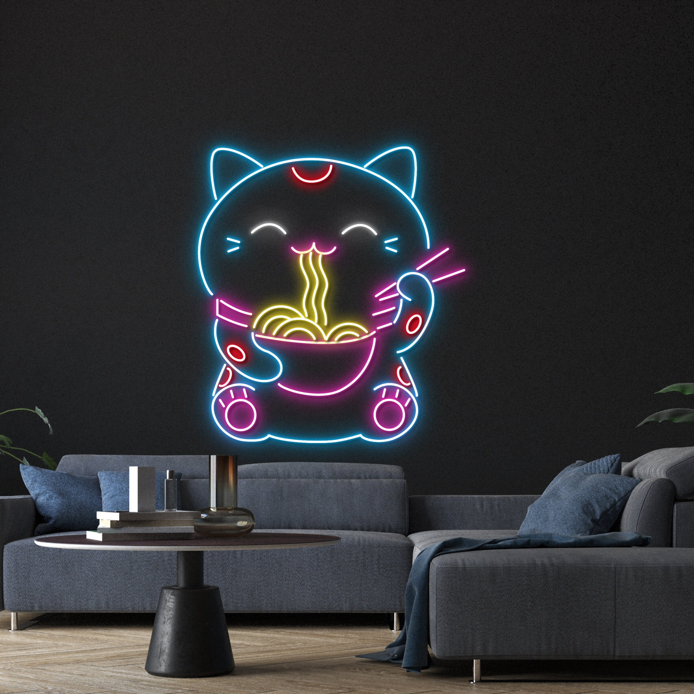 Handmadetneonsign Cute Cat Eating Noodles Led Sign, Cat Eating Ramen ...