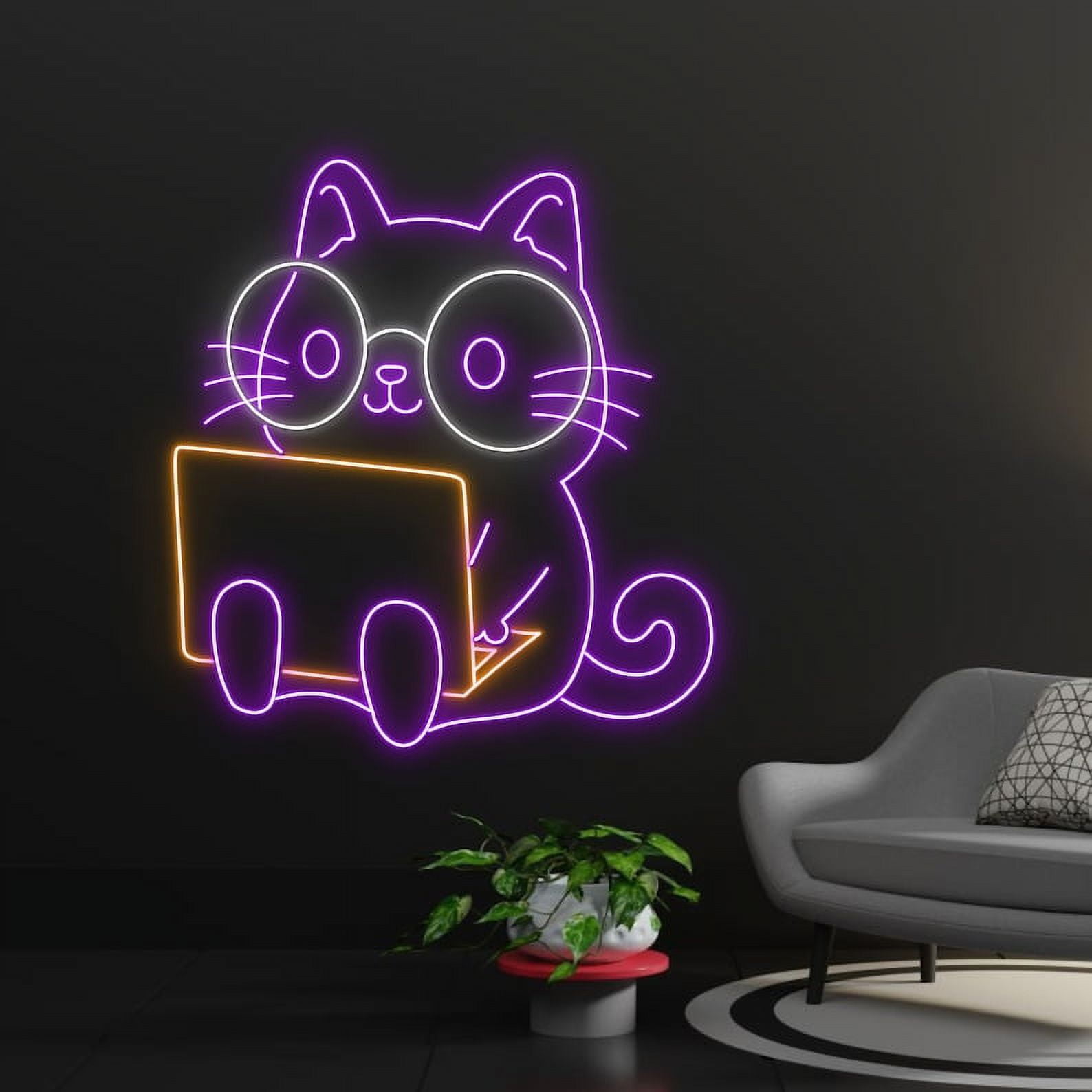 Handmadetneonsign Cute Cat & Laptop Neon Sign, Cat with Glasses LED ...