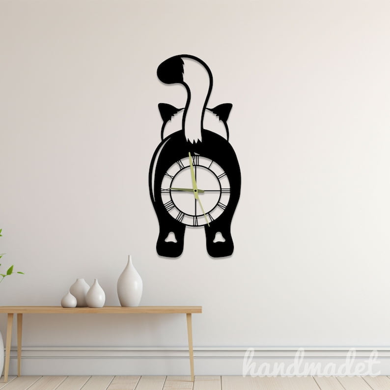 Handmadetneonsign Cute Cat Wall Clock Unique, Cat Round Wall Clock ...