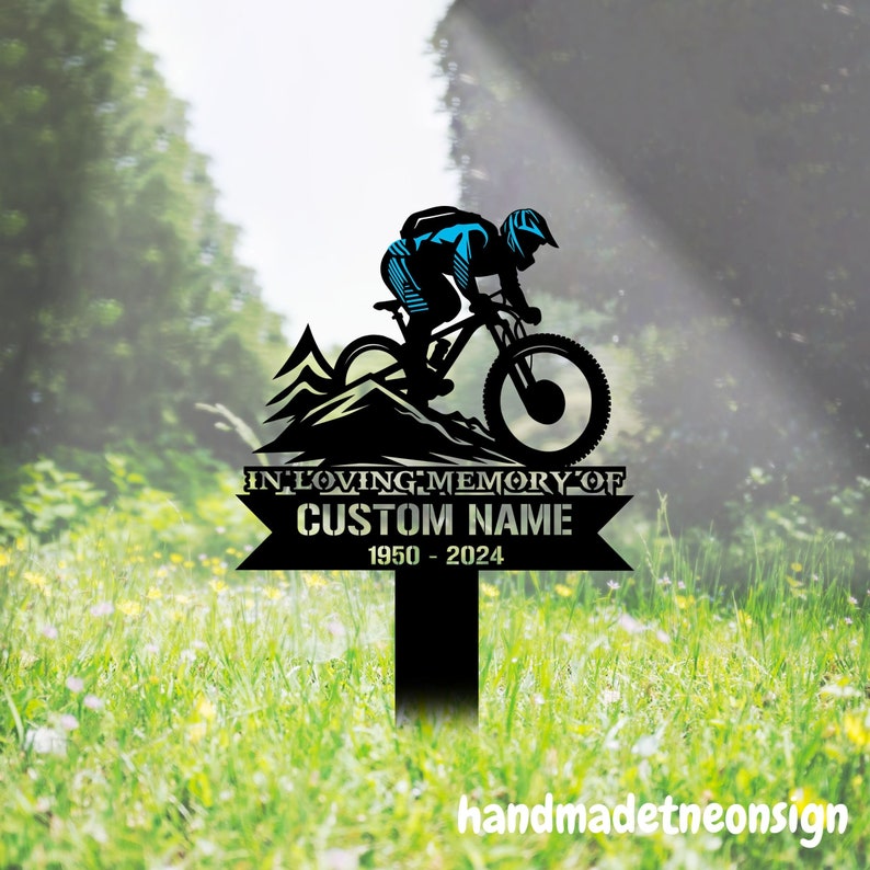 Handmadetneonsign Cyclist Memorial Stake, Biker Grave Garden Metal ...