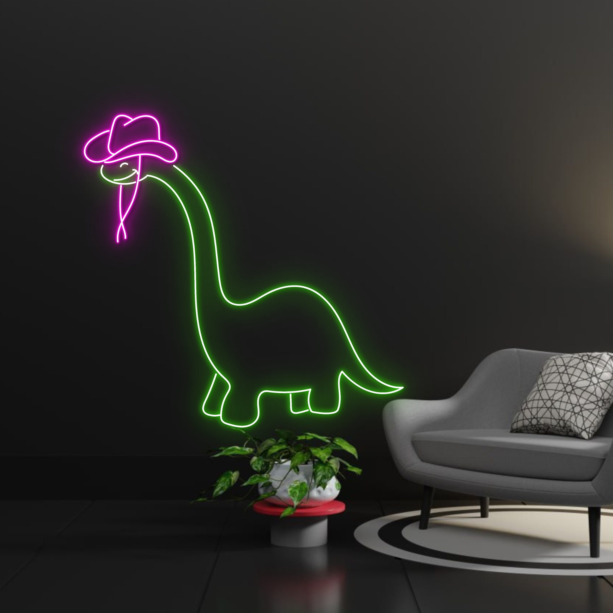 Handmadetneonsign Dinosaur Cowboy Hat Led Sign, Dinosaur Wearing Cowboy ...