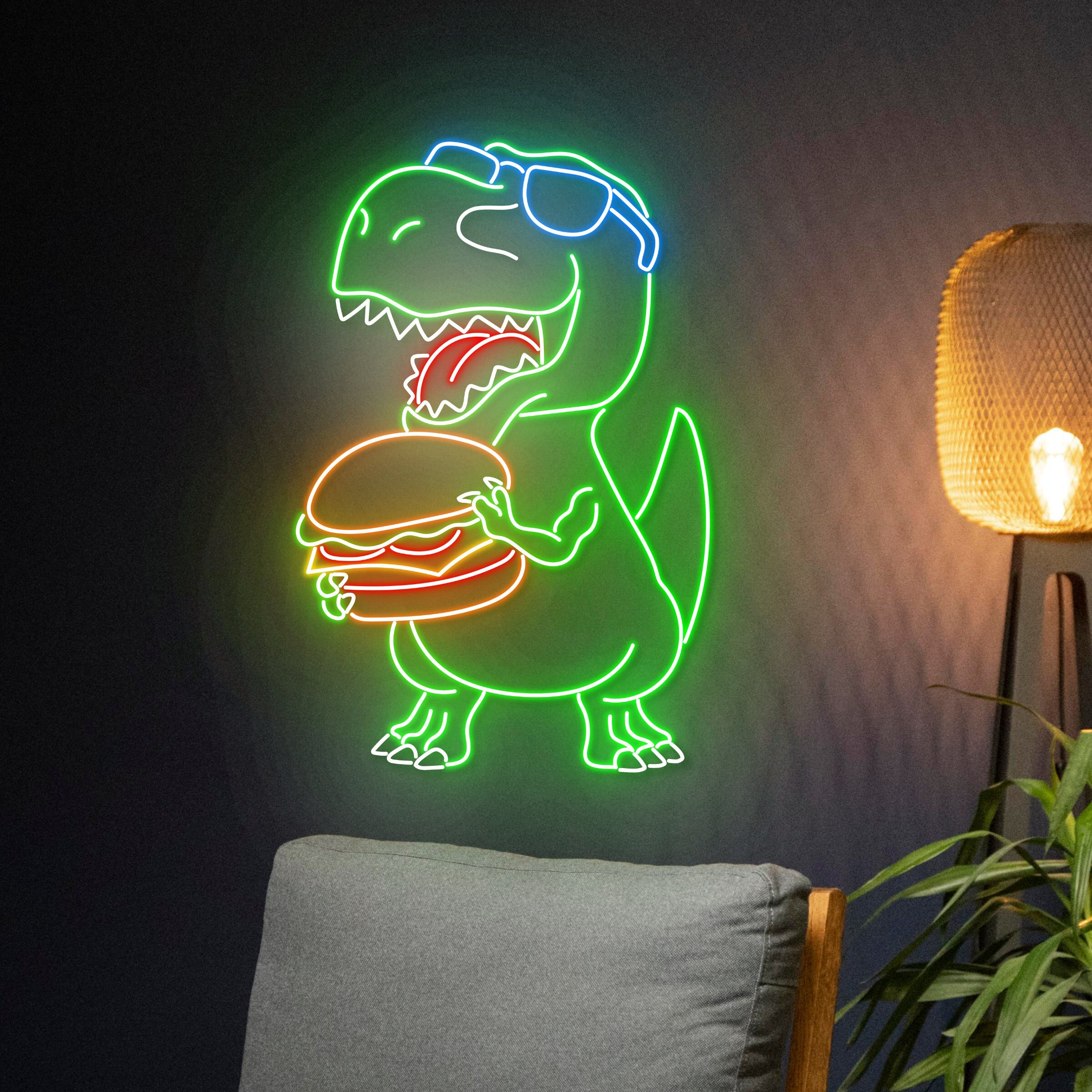 Handmadetneonsign Dinosaur Eating Burger Neon Sign, Burger Dinosaur ...