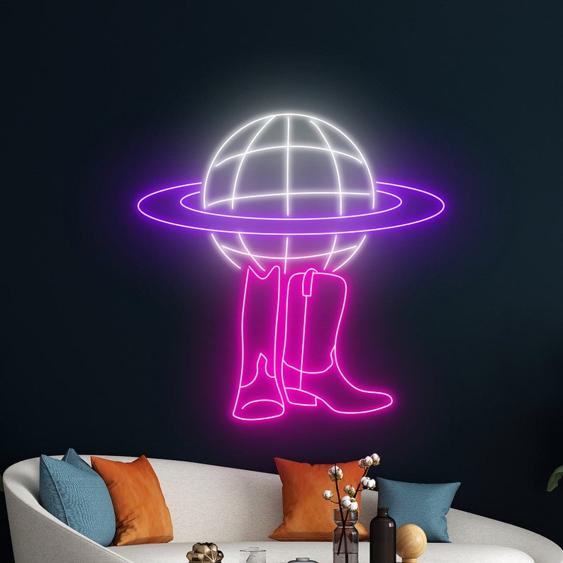 Handmadetneonsign Disco Cowboy Boots Neon Sign, Disco Ball Wall Art ...