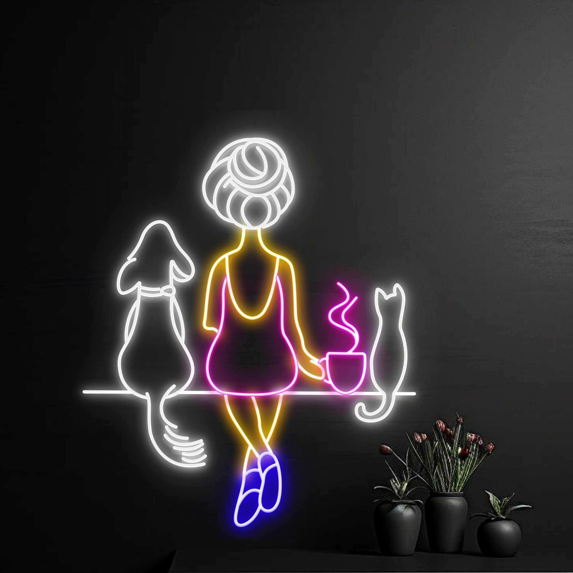 Handmadetneonsign Dog Cat Girl Coffee Neon Sign, Woman Cat Dog Cafe ...