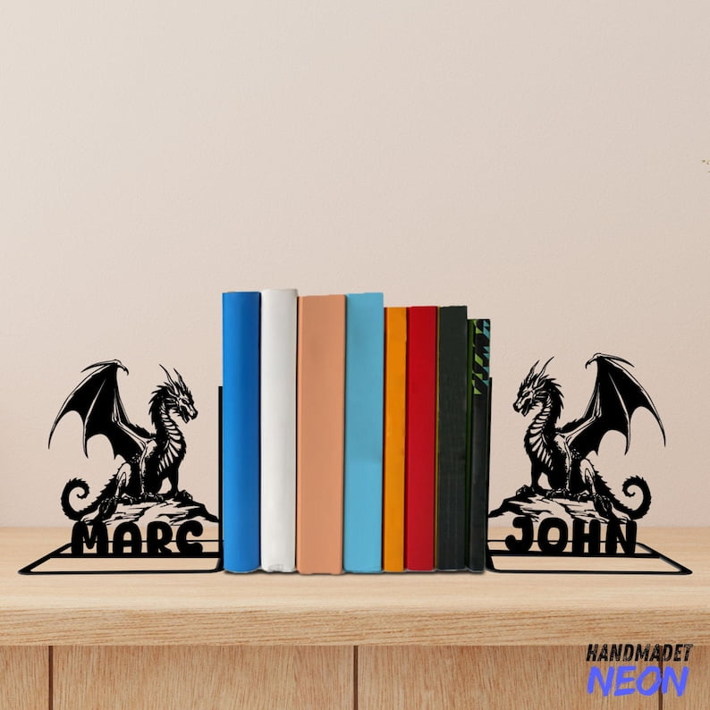 Handmadetneonsign Dragon Metal Bookends, Dragon Name Bookend, Dragon ...