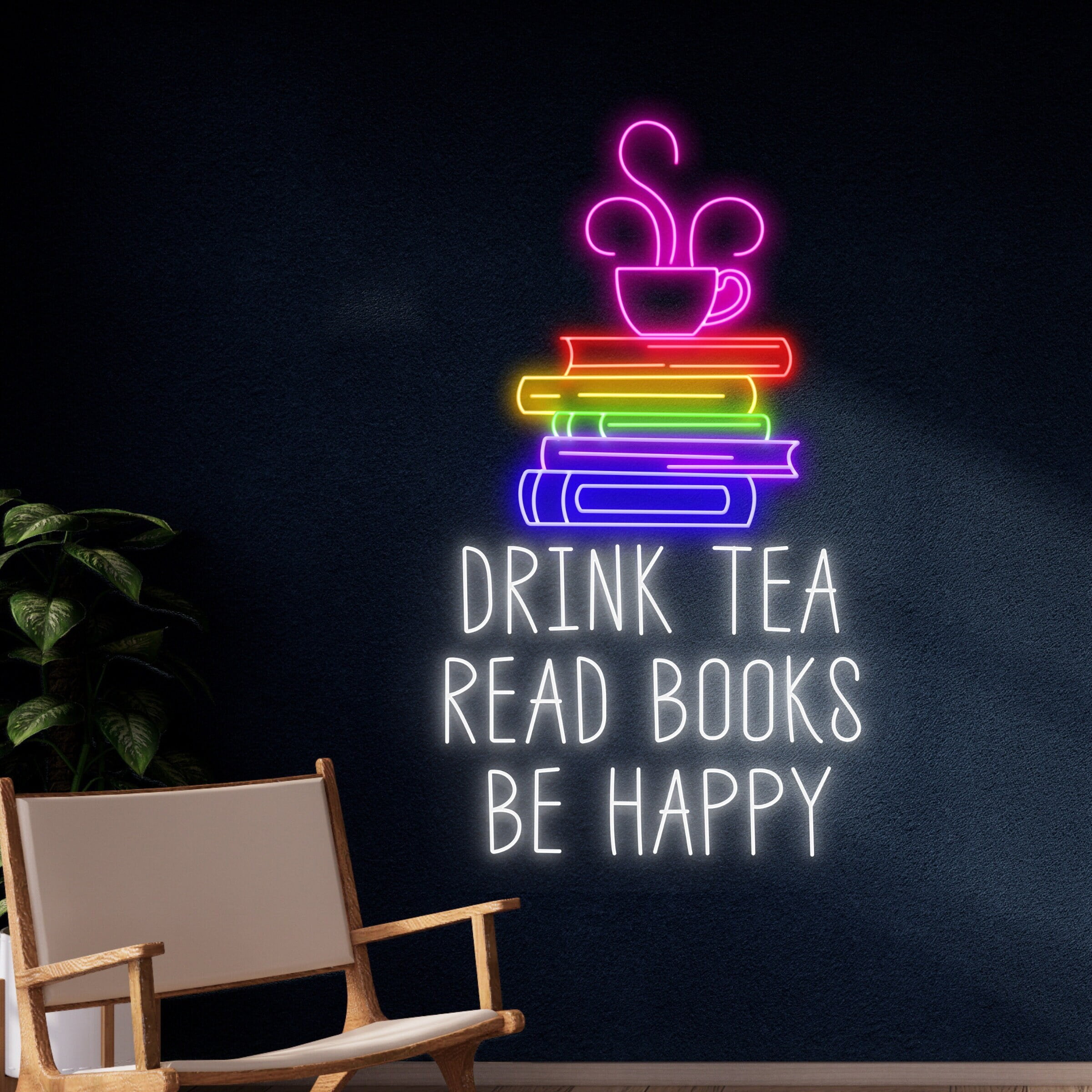 Handmadetneonsign Drink Tea Read Books Be Happy Neon Sign, Book LED ...