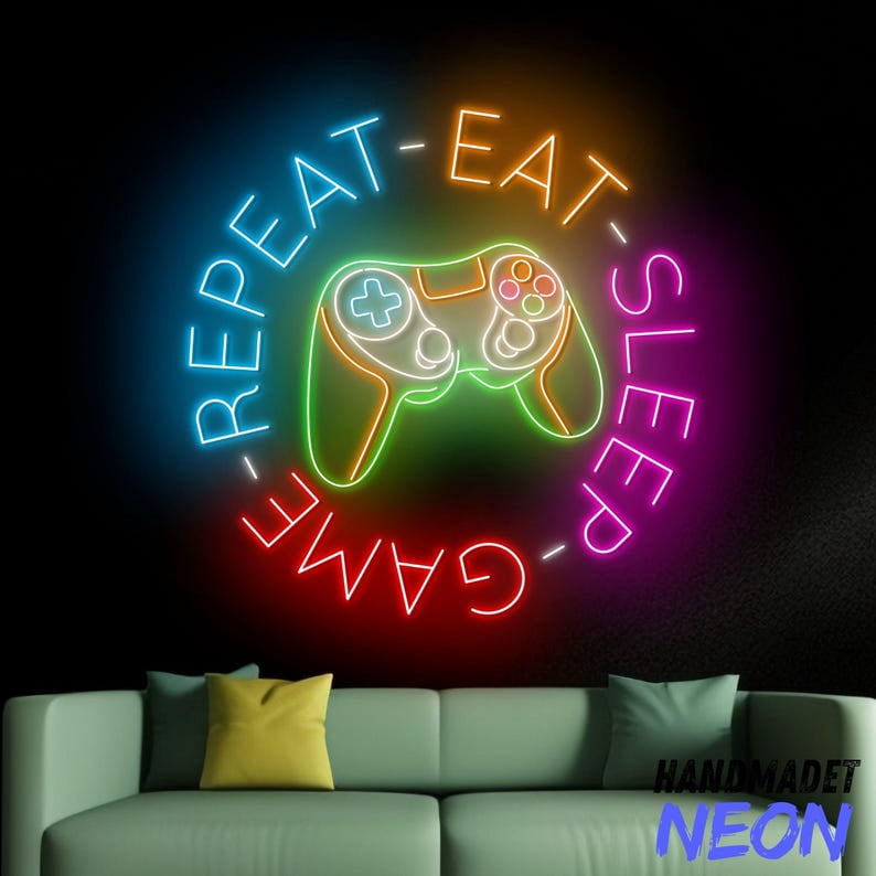 Handmadetneonsign Eat Sleep Game Repeat Neon Sign, Game Controller Led ...