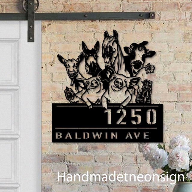 Handmadetneonsign Farm Animals House Number, Farming Home Address Metal ...
