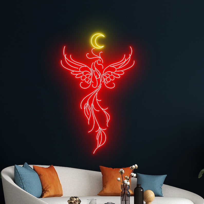 Handmadetneonsign Fiery Phoenix Moon Wall Art, Mythical Phoenix Wall ...